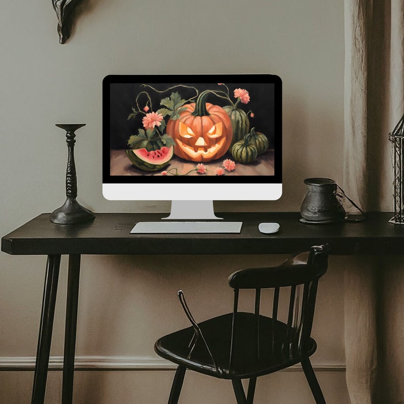 Summerween Jack O Lantern Pumpkin Watermelon Floral Goth Desktop ...