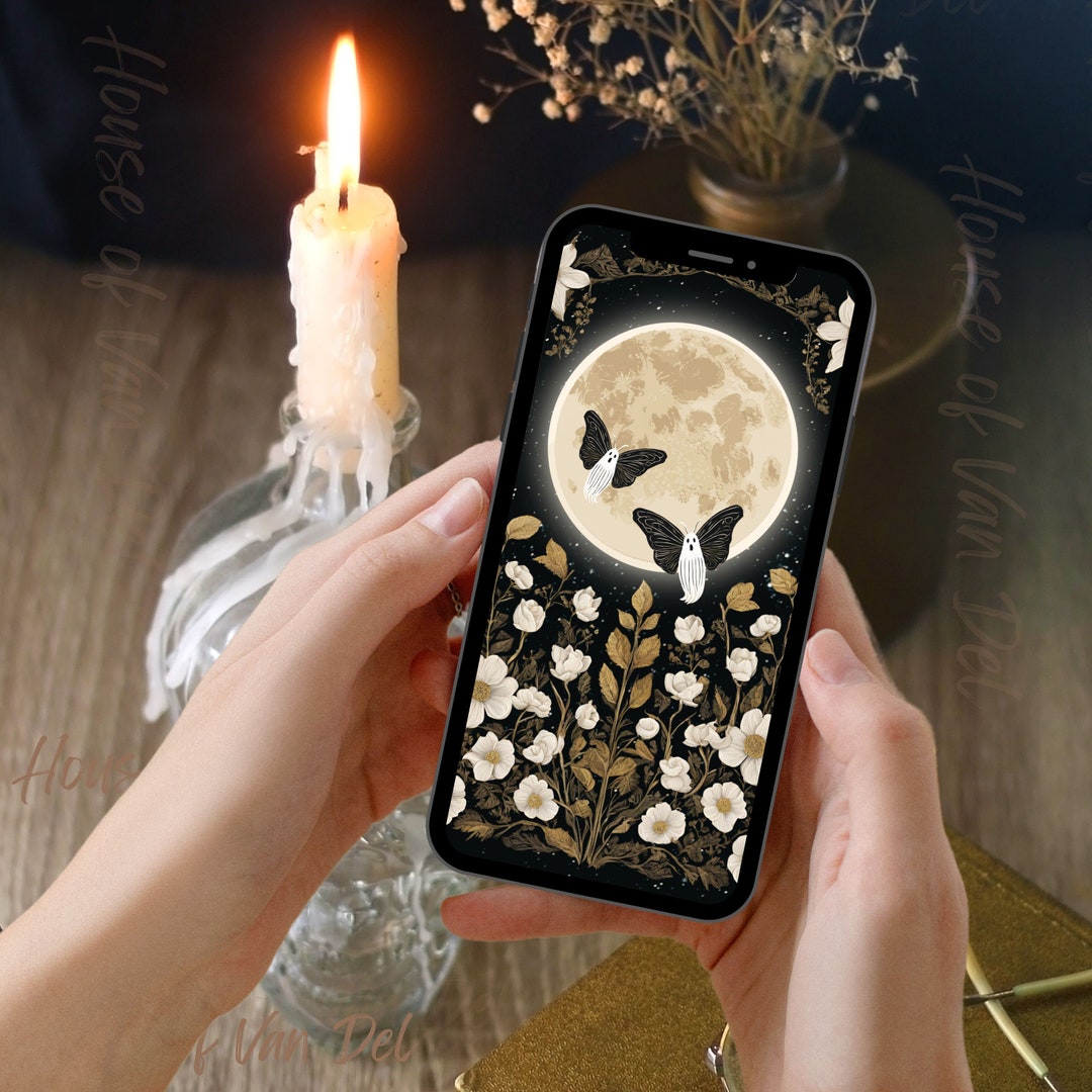 Ghost Butterfly Full Moon Floral Phone Wallpaper | Aesthetic Home Lock ...