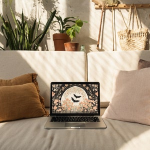 Neutral Halloween Bats Floral Desktop Wallpaper Background Art Instant ...