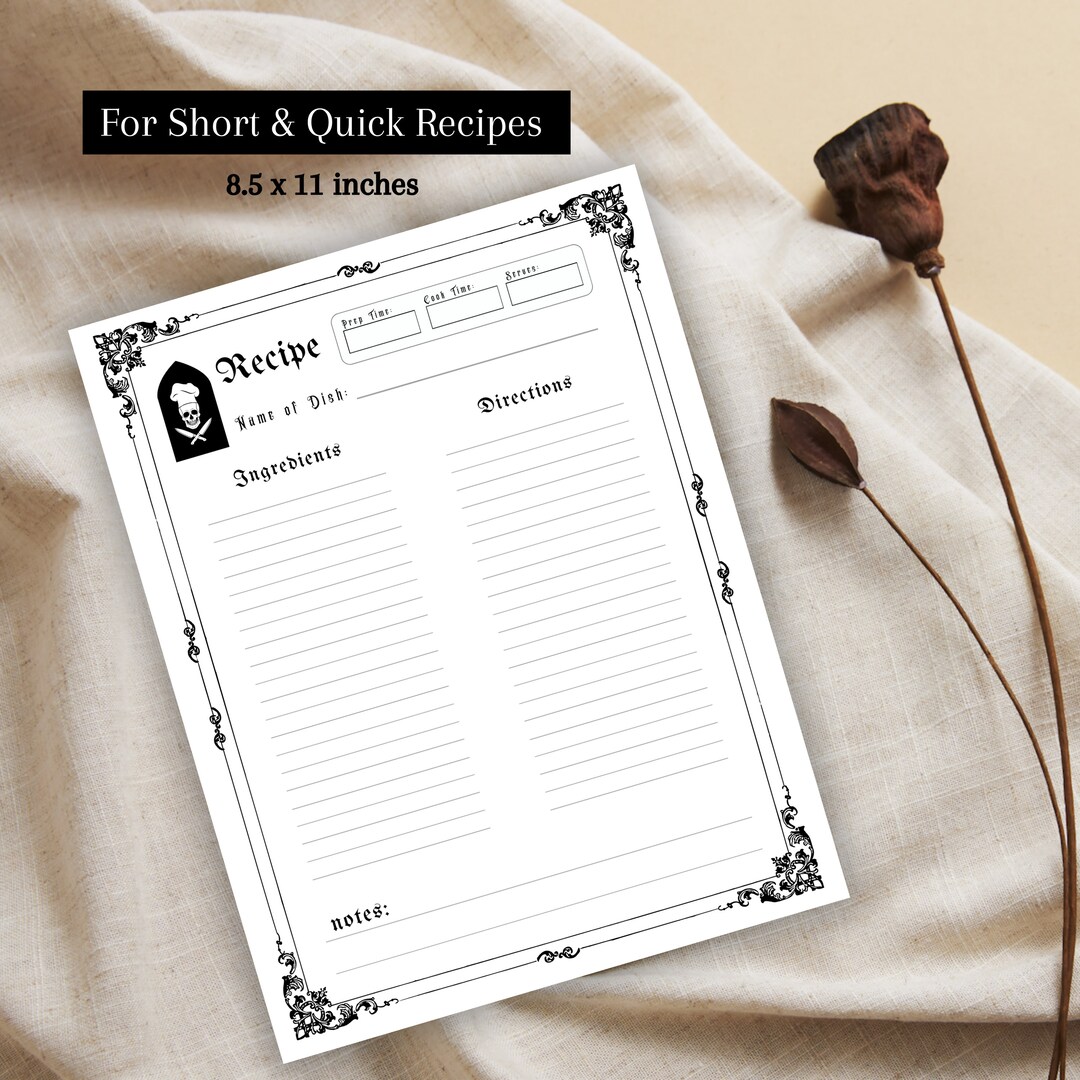 Gothic Skull Recipe Page Instant Download Printable Short Recipe Sheet ...