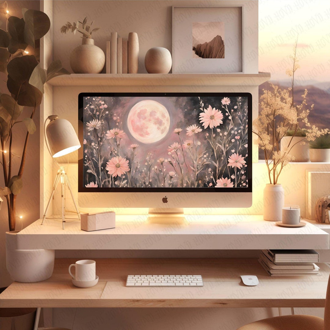 Aesthetic Pink Full Moon Galaxy Floral Celestial Landscape Desktop ...