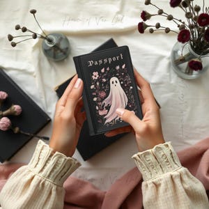 Gothic Passport Cover, Ghost Pink Burgundy Floral Travel Wallet Holder ...