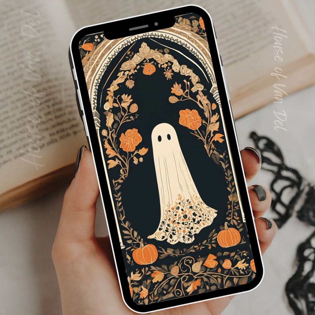 Aesthetic Ghost Orange Floral Halloween Phone Wallpaper Home Lock ...