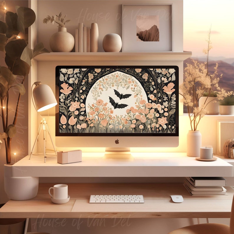 Neutral Halloween Bats Floral Desktop Wallpaper Background Art Instant ...