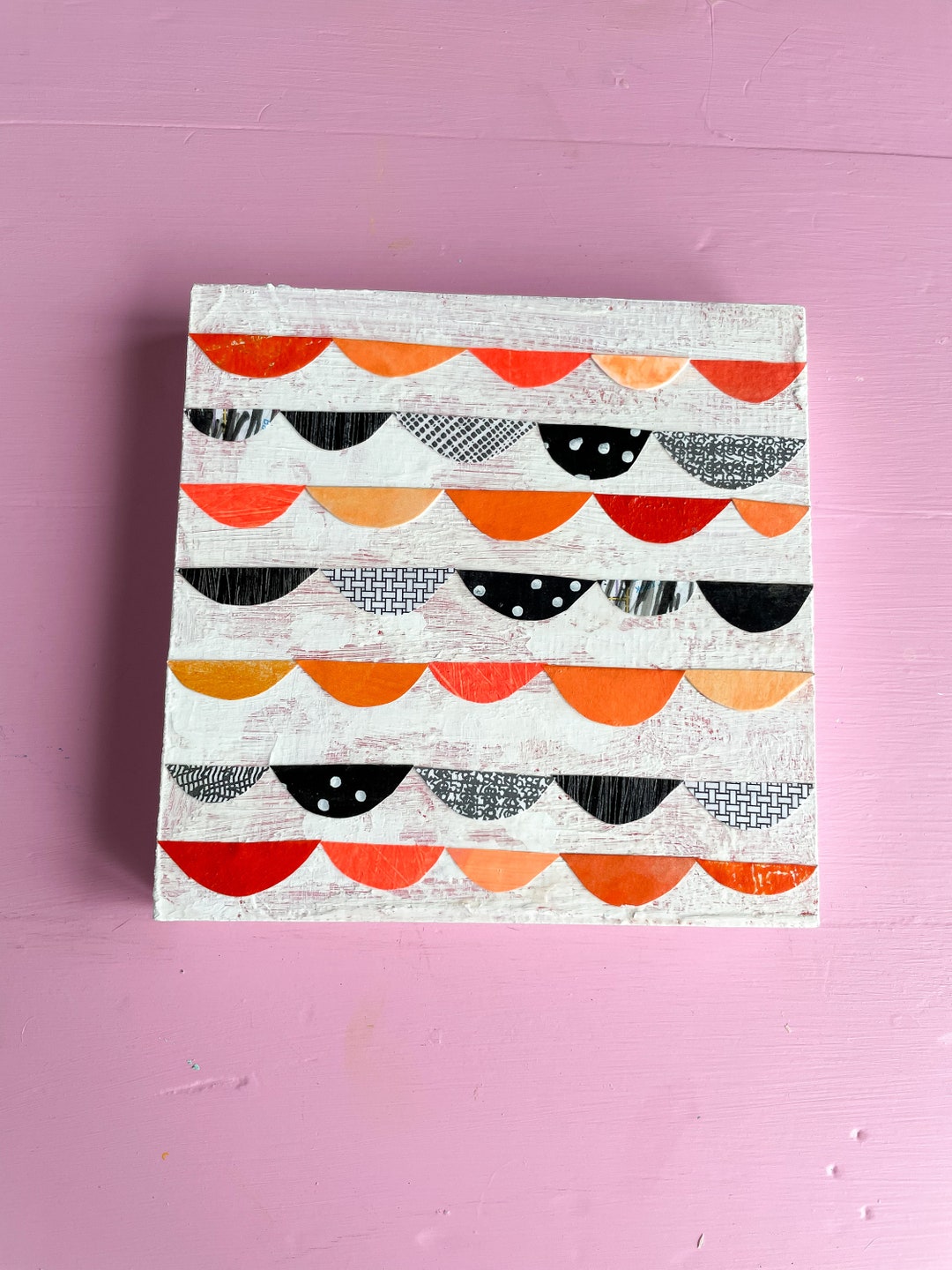 Orange & Black Scallop Halloween Decor Original Collage Art Whimsical ...