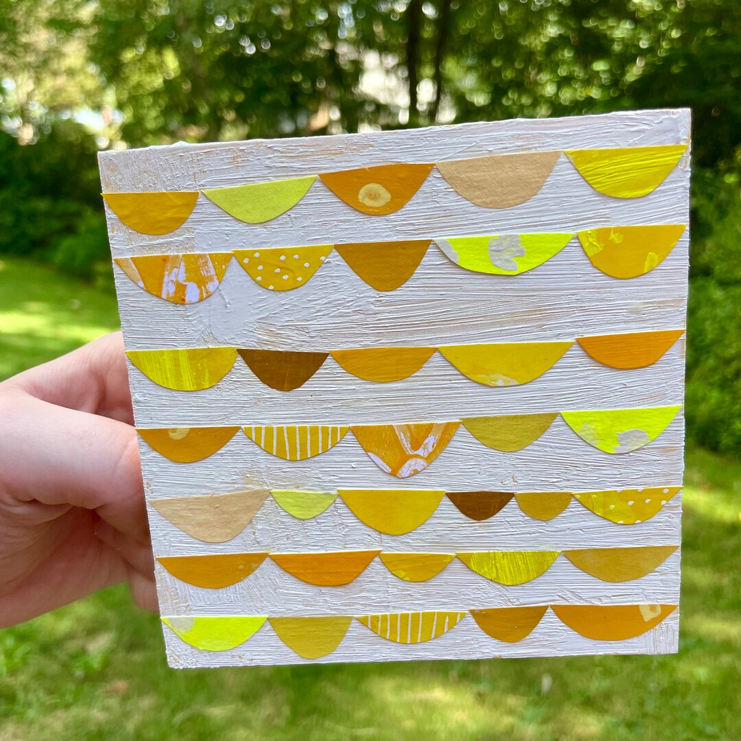 Yellow Scallop Decor Original Collage Art Whimsical Wood Panel Original ...