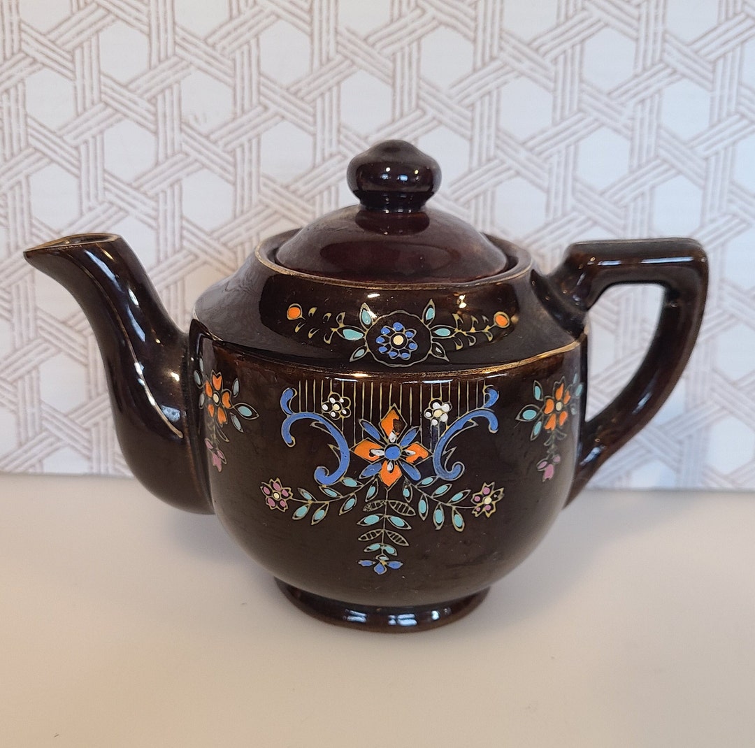 Vintage 4.5" Moriage Japan Hand-painted Redware Enamel Brown Betty ...