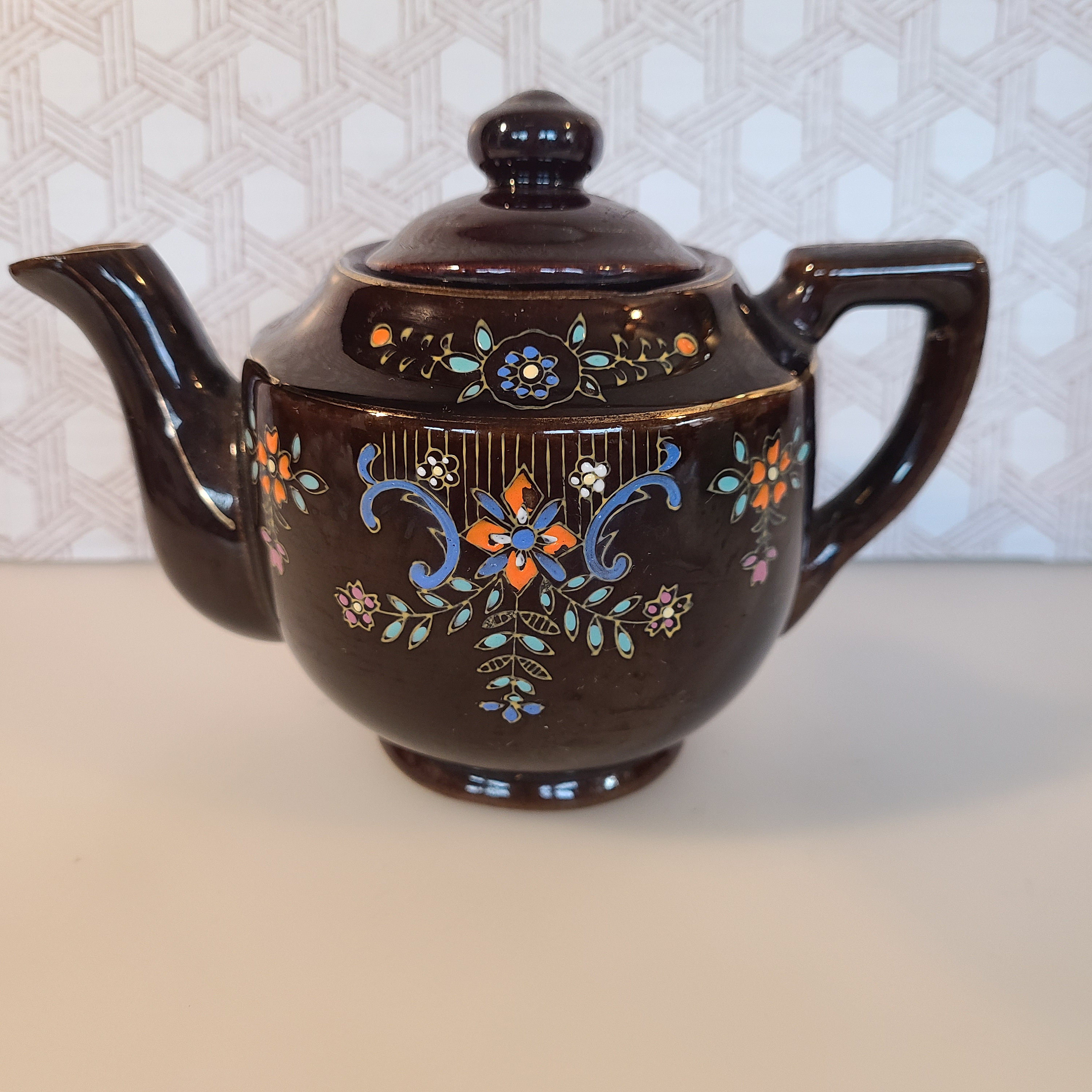 Vintage 4.5 Moriage Japan Hand-painted Redware Enamel Brown Betty ...