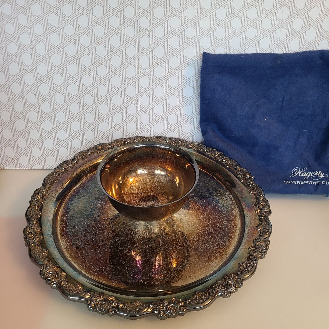 Vintage Oneida Silver Plated Rose Border Serving Tray With Attached ...
