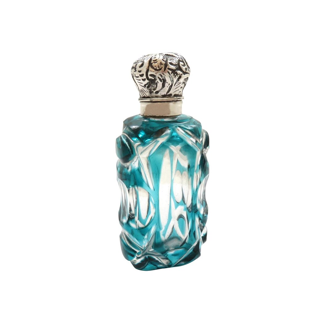Antique Silver & Blue Overlay Cut Glass Scent / Perfume Bottle C.1890 ...
