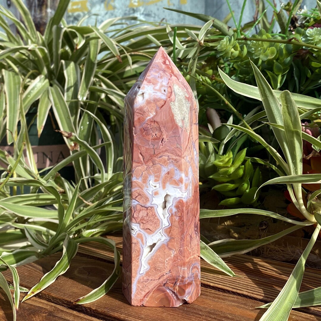 6.1'' Natural Pink Flower Agate Gemstone Tower,flower Agate Tower Point ...