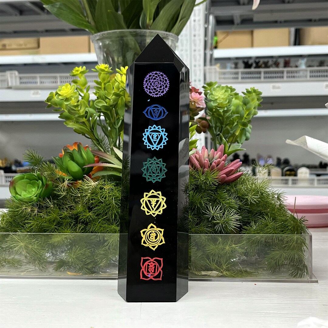 1200g Natural Obsidian Chakra Symbol Obelisk, Quartz Crystal Wand Point ...