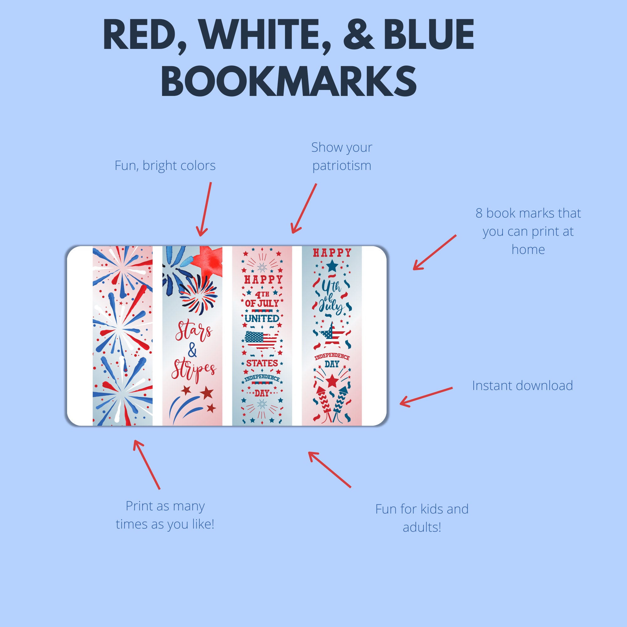 8 Patriotic Bookmarks - July 4 - Memorial Day - America - Printable ...