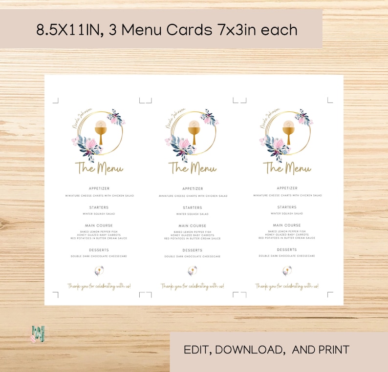 First Communion Menu Template: Gold Spring Floral, Editable (digital ...