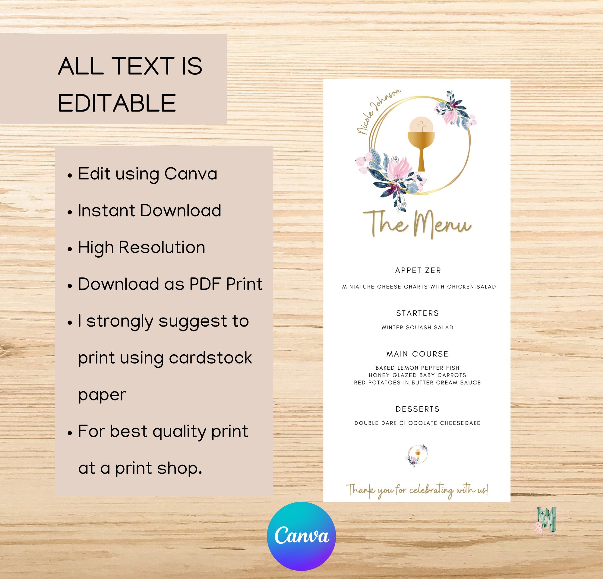 First Communion Menu Template: Gold Spring Floral, Editable (digital ...