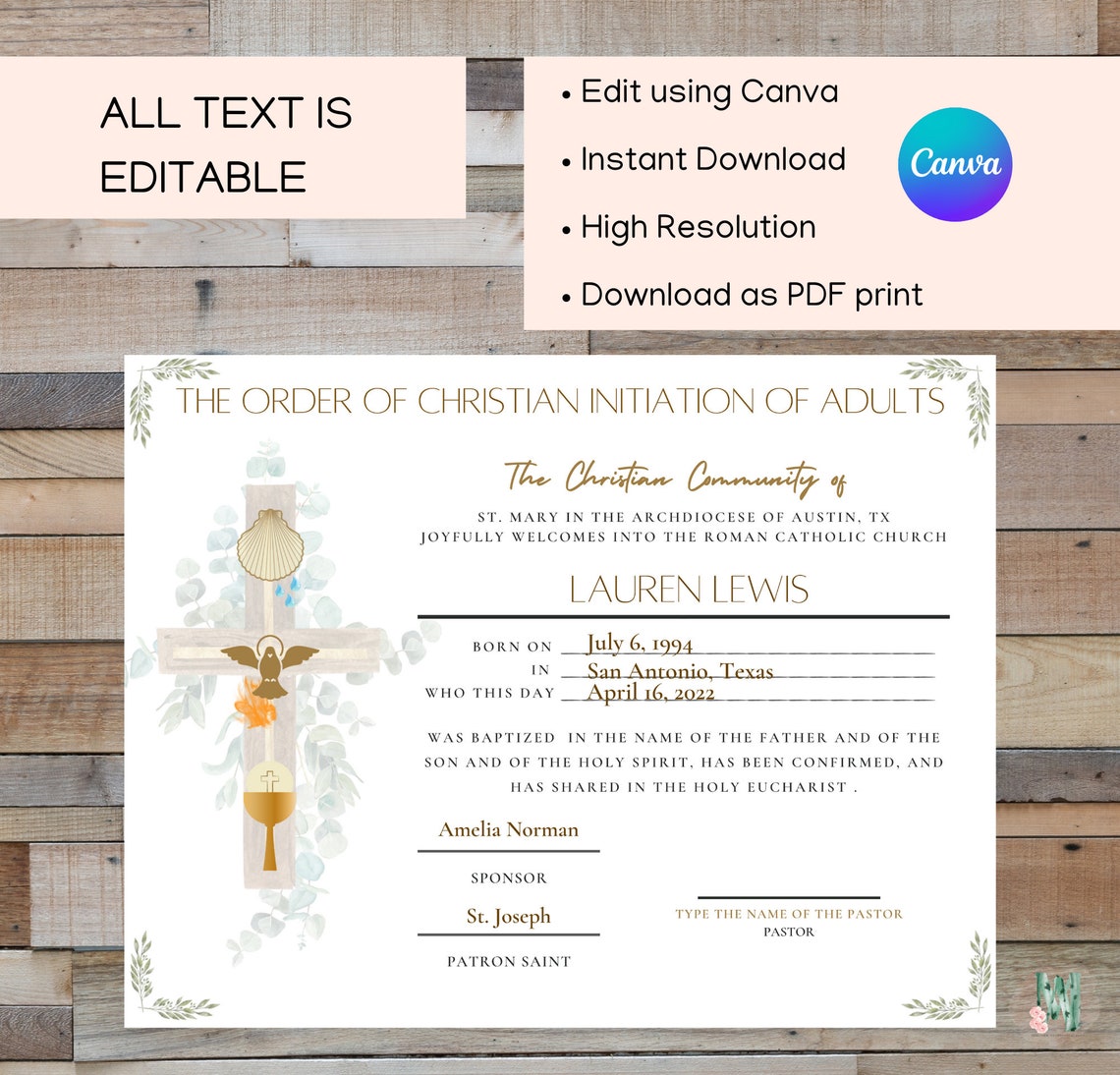 OCIA Certificate Template (editable PDF) • RCIA Catholic Catechumen ...