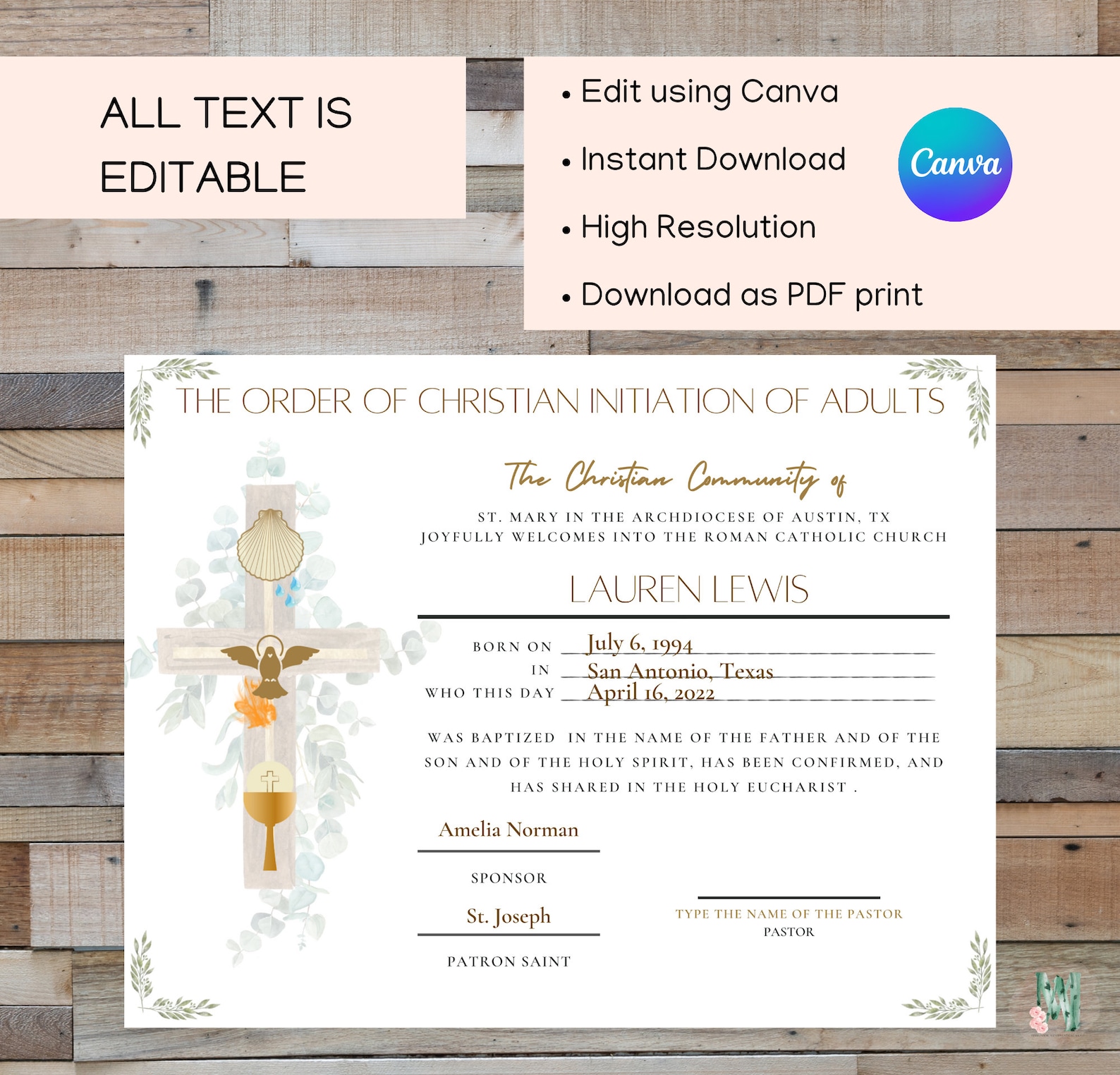 OCIA Certificate Template (editable PDF) • RCIA Catholic Catechumen ...