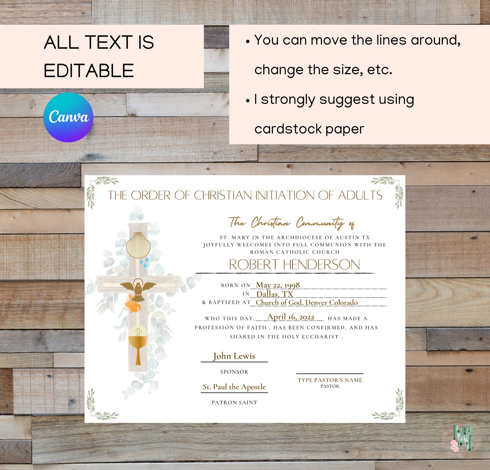 OCIA Certificate for Candidates Order of Christian Initiation of Adults ...