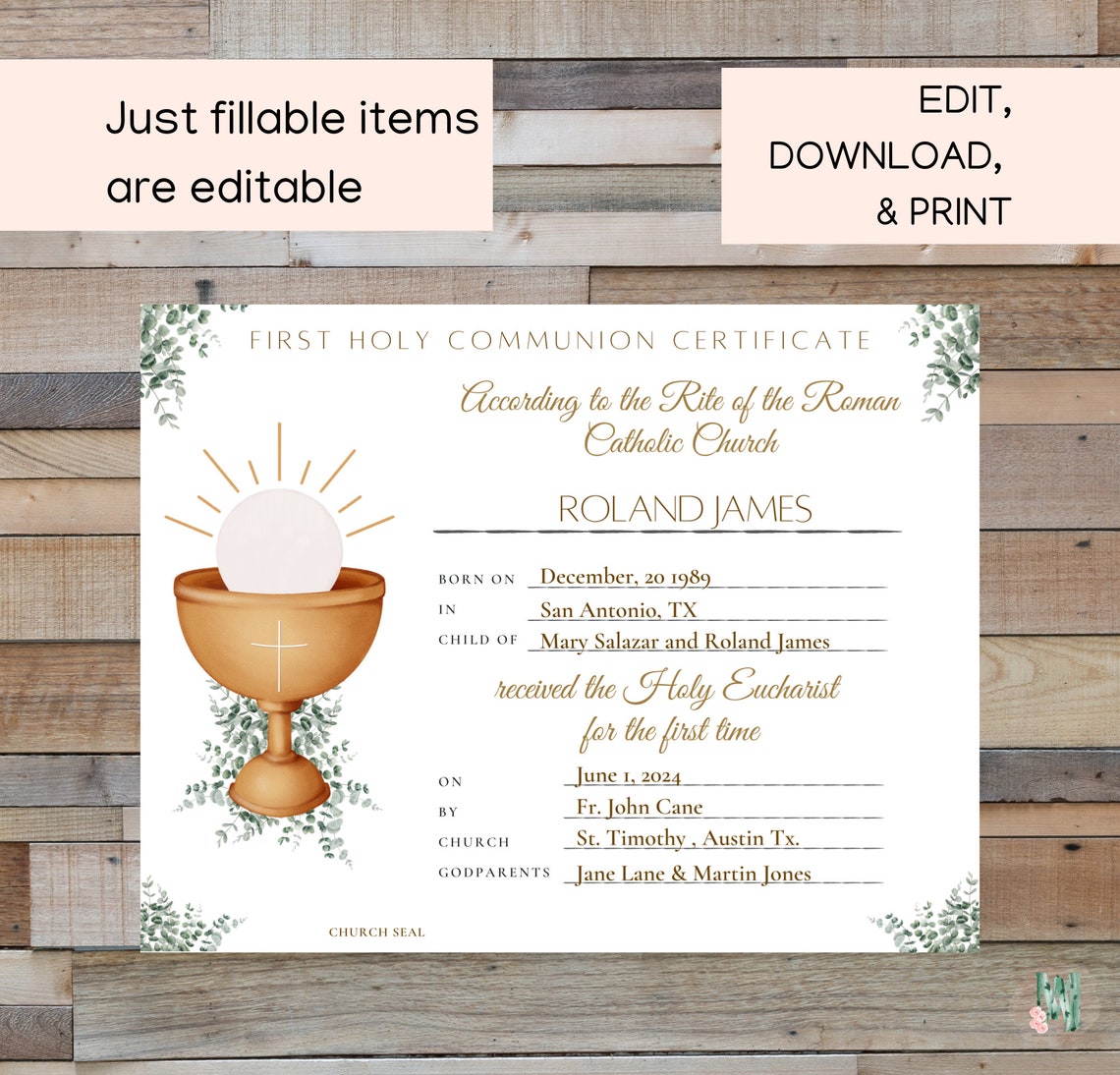 First Holy Communion Certificate: Catholic Church Keepsake (digital ...