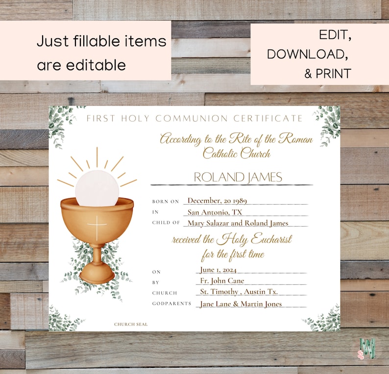 First Holy Communion Certificate: Catholic Church Keepsake (digital ...