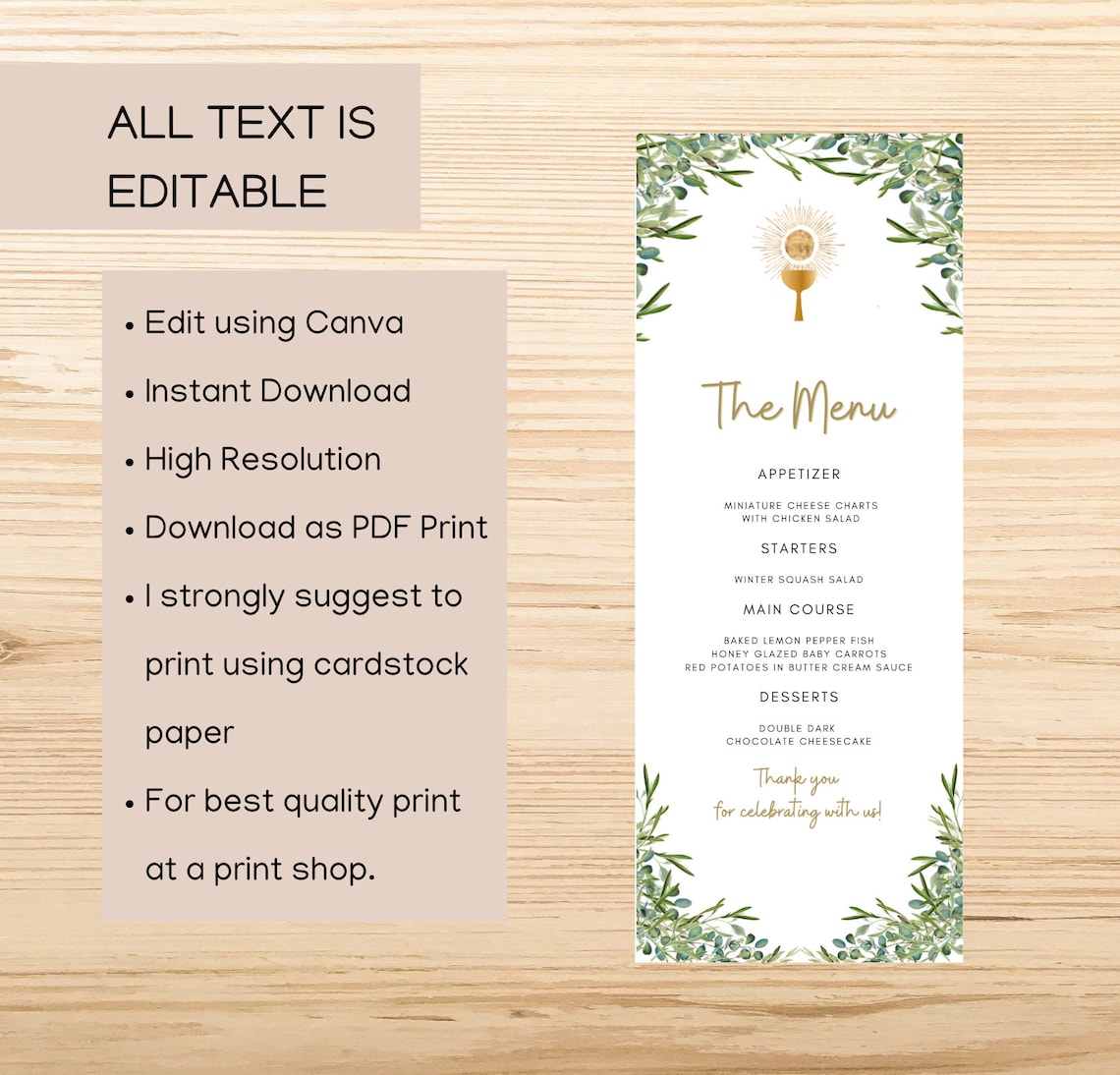 Digital First Communion Menu Card Editable Canva Template Catholic Gold ...