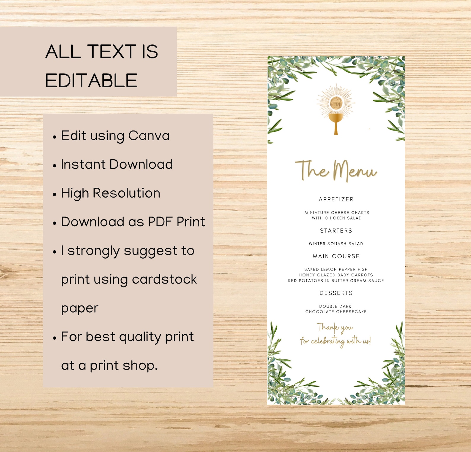 Digital First Communion Menu Card Editable Canva Template Catholic Gold ...