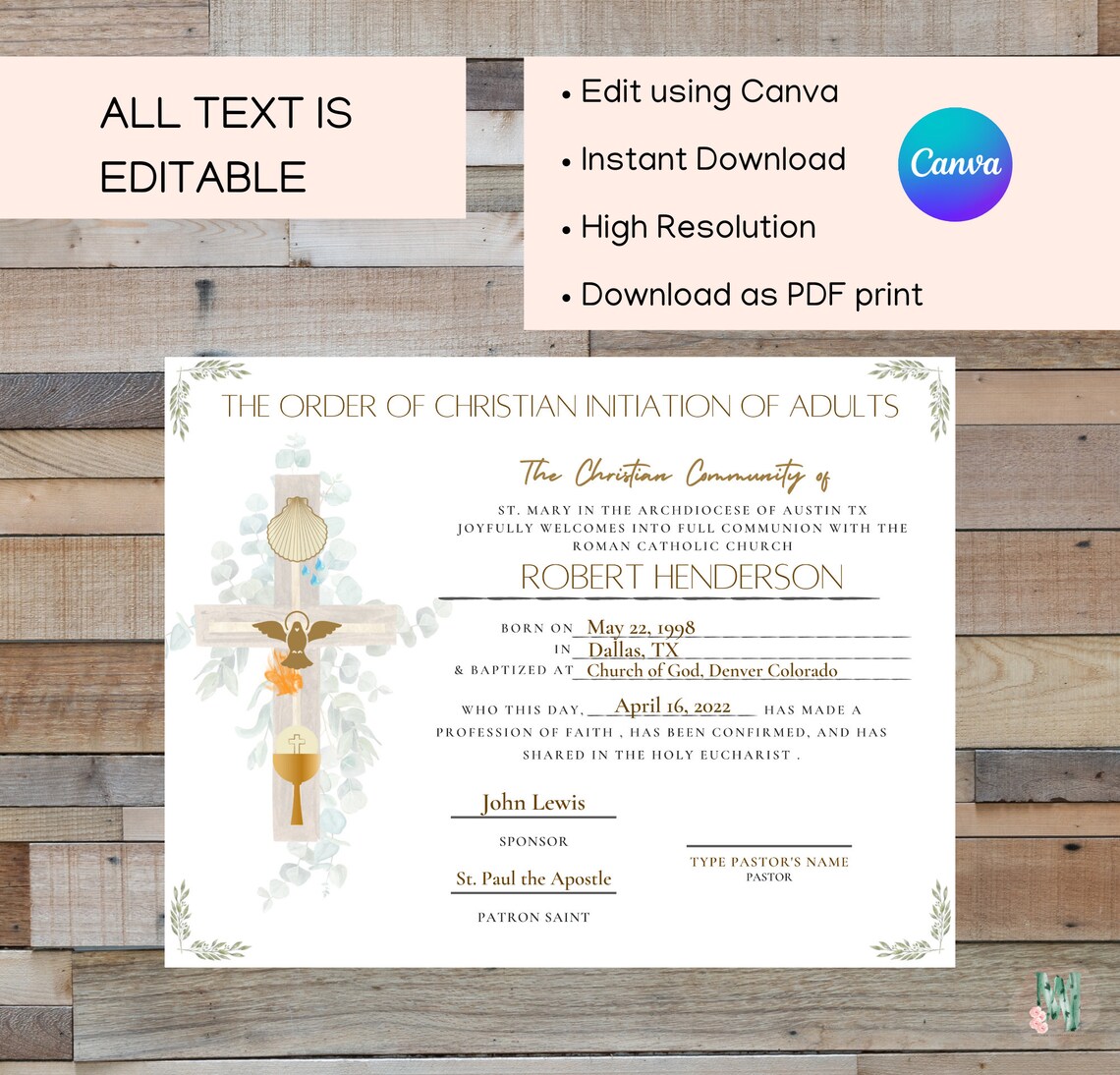OCIA Certificate for Candidates Order of Christian Initiation of Adults ...