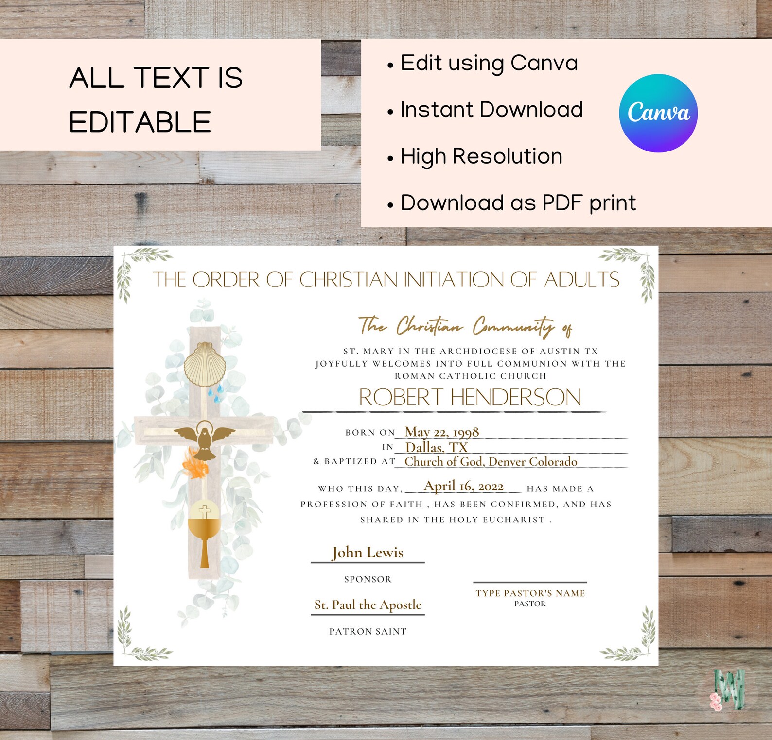 OCIA Certificate for Candidates Order of Christian Initiation of Adults ...