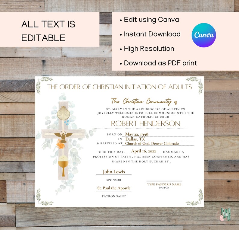 OCIA Certificate for Candidates Order of Christian Initiation of Adults ...