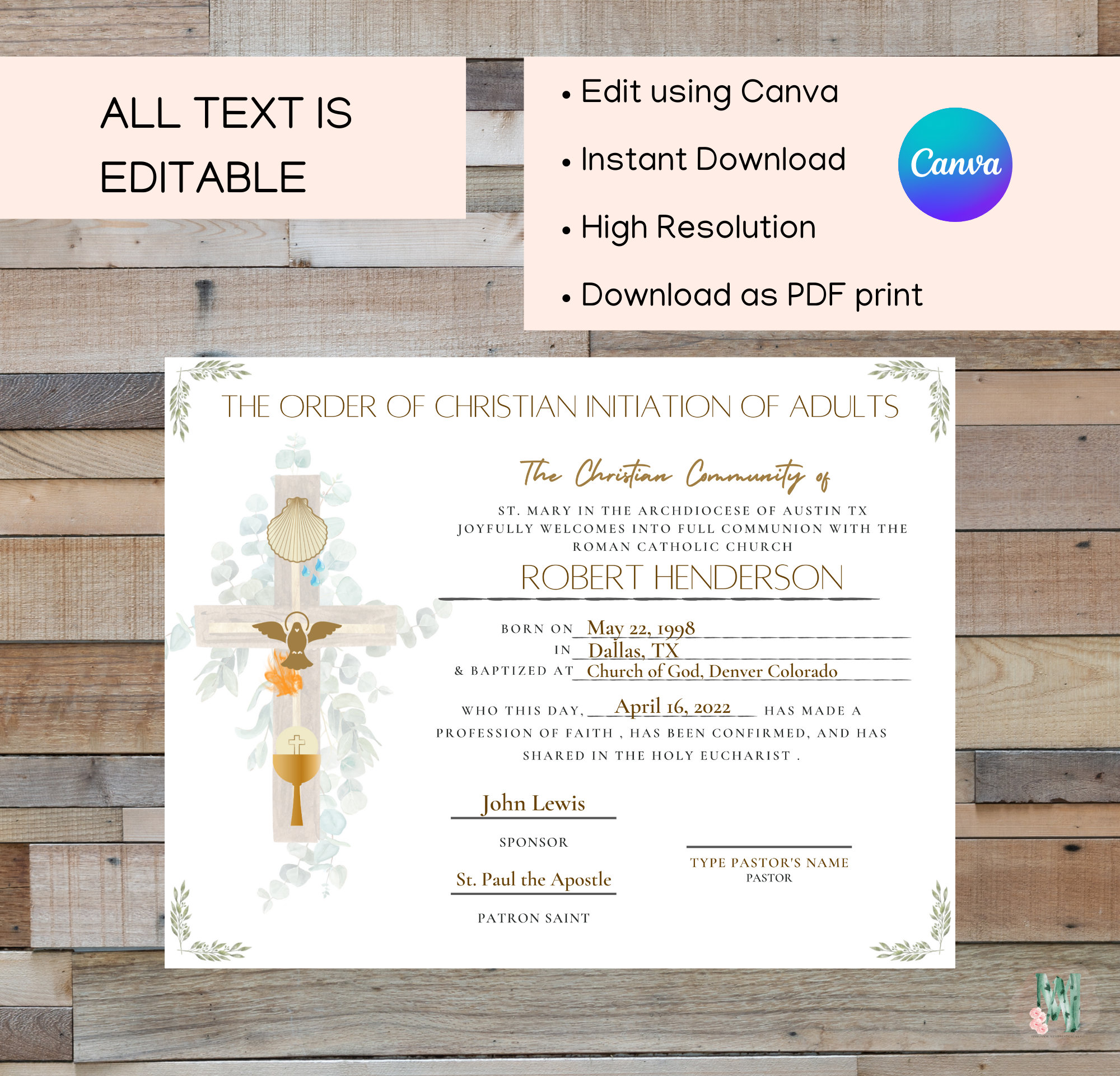 OCIA Certificate for Candidates Order of Christian Initiation of Adults ...