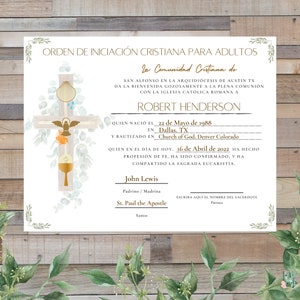 OCIA Certificate for Candidates Order of Christian Initiation of Adults ...