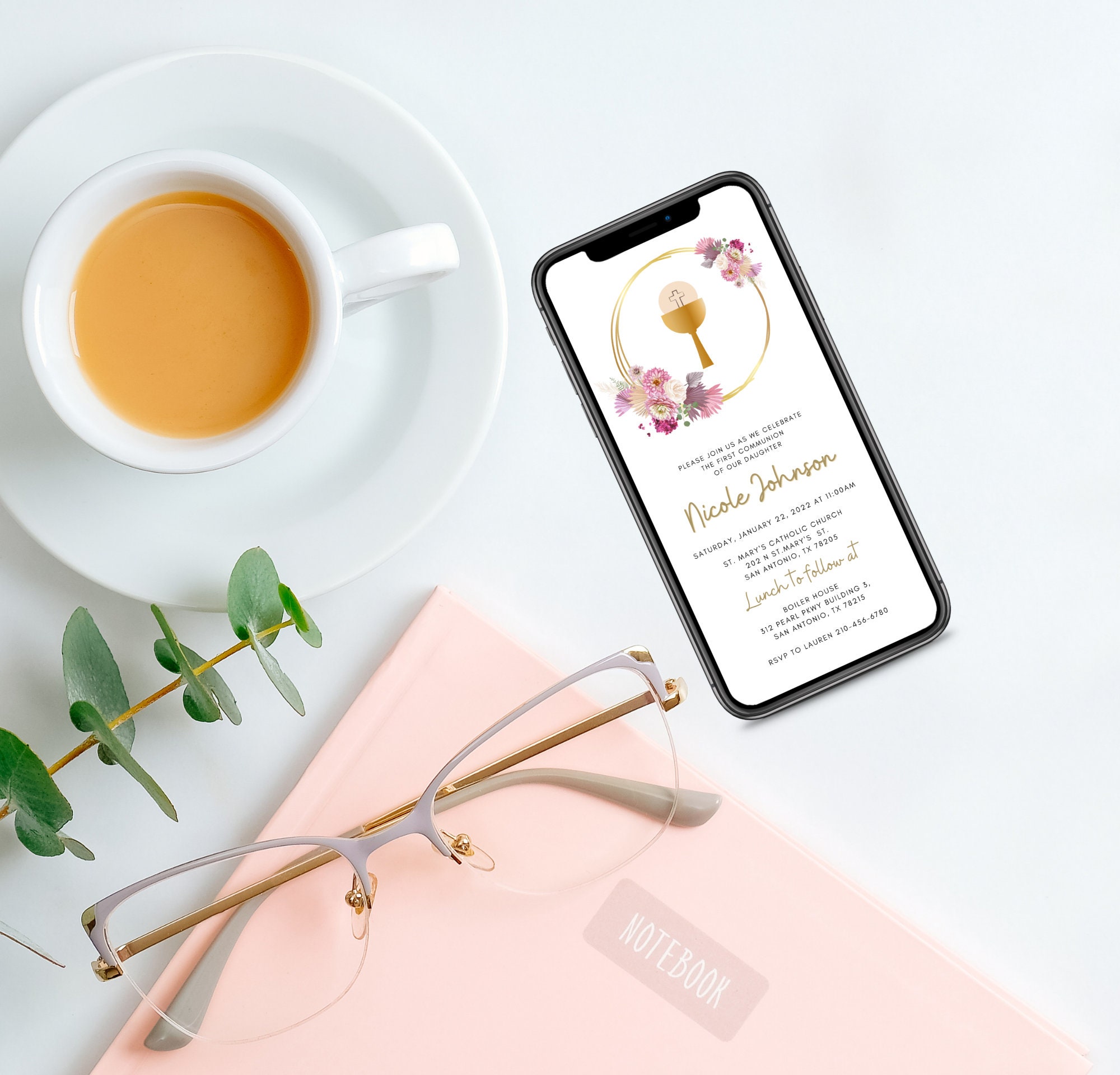 Digital First Communion Invitation Template: Gold Floral, Girl (canva ...