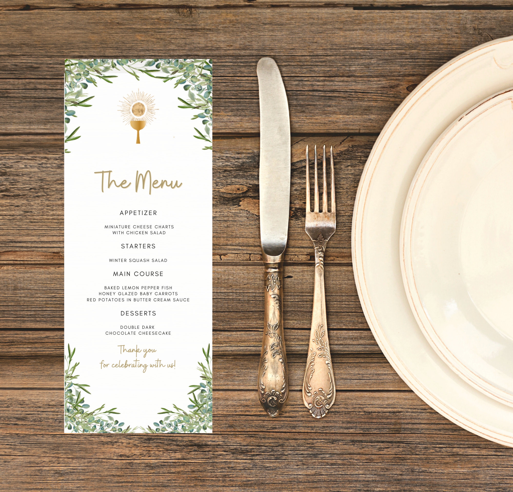 Digital First Communion Menu Card Editable Canva Template Catholic Gold ...