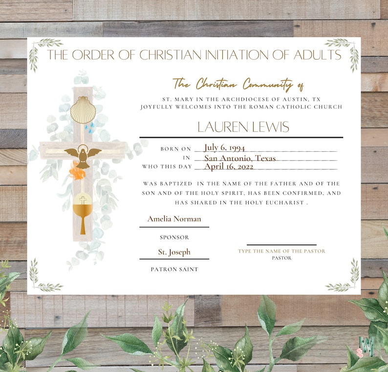 OCIA Certificate Template (editable PDF) • RCIA Catholic Catechumen ...