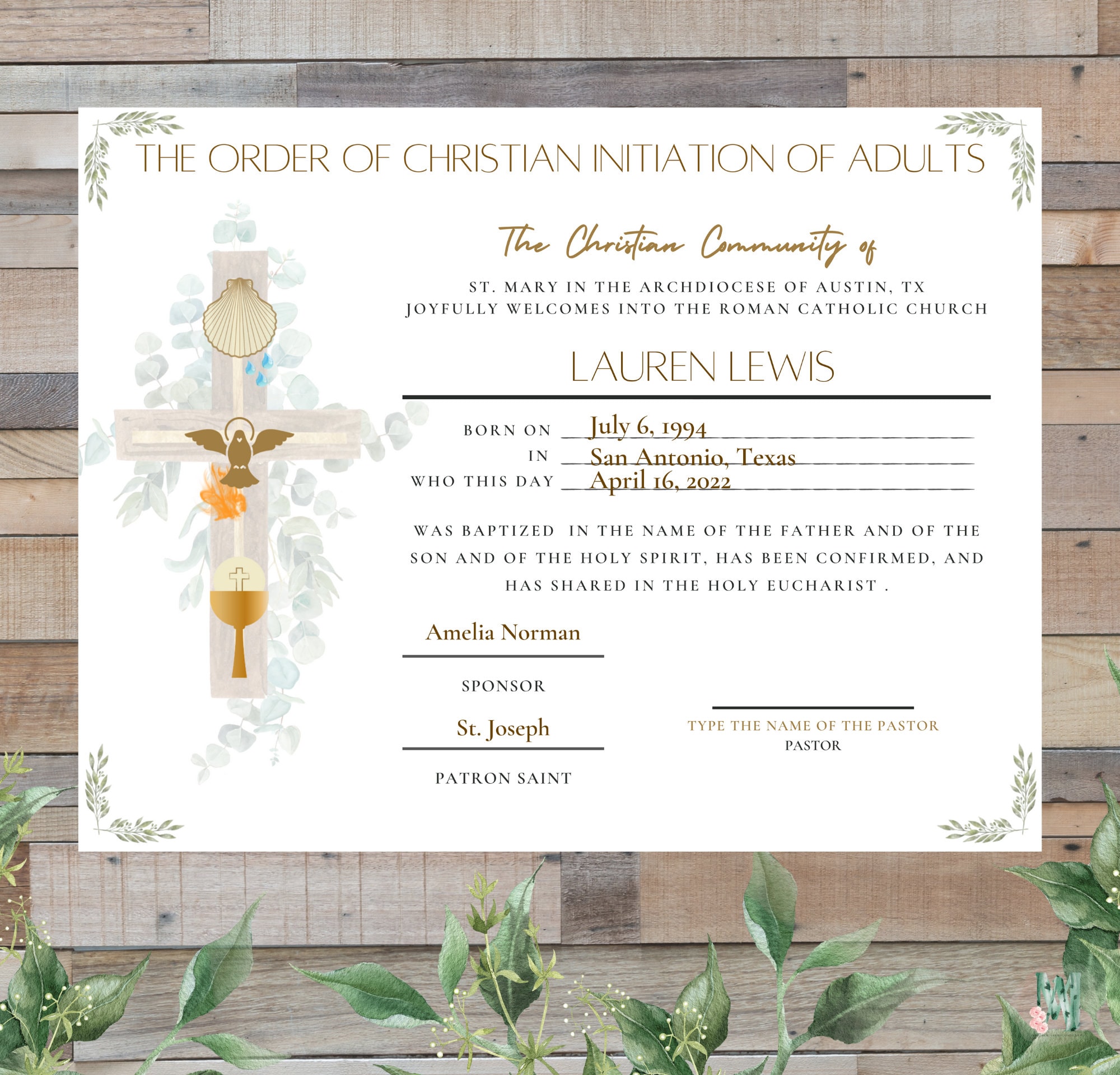 OCIA Certificate for Catechumens Order of Christian Initiation of ...