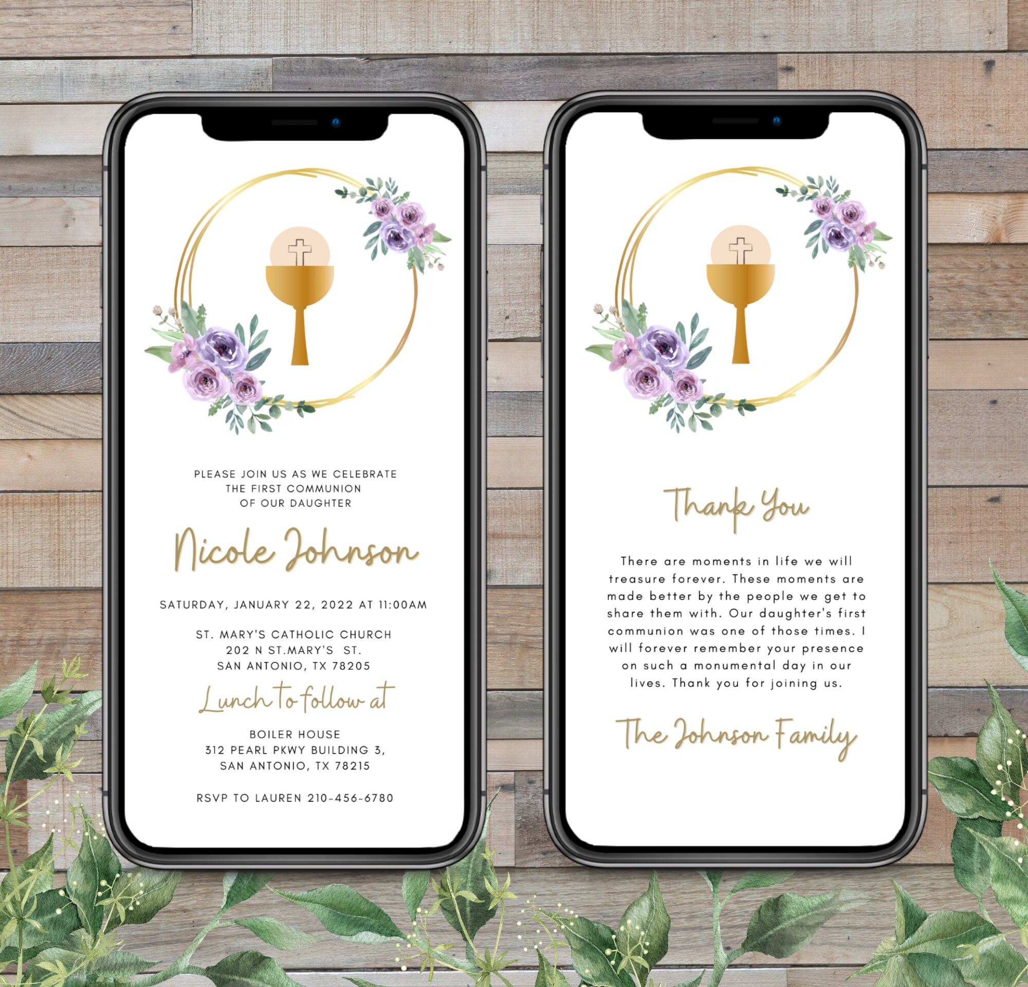 Digital First Communion Invitation Template: Gold Floral, Girl (canva ...