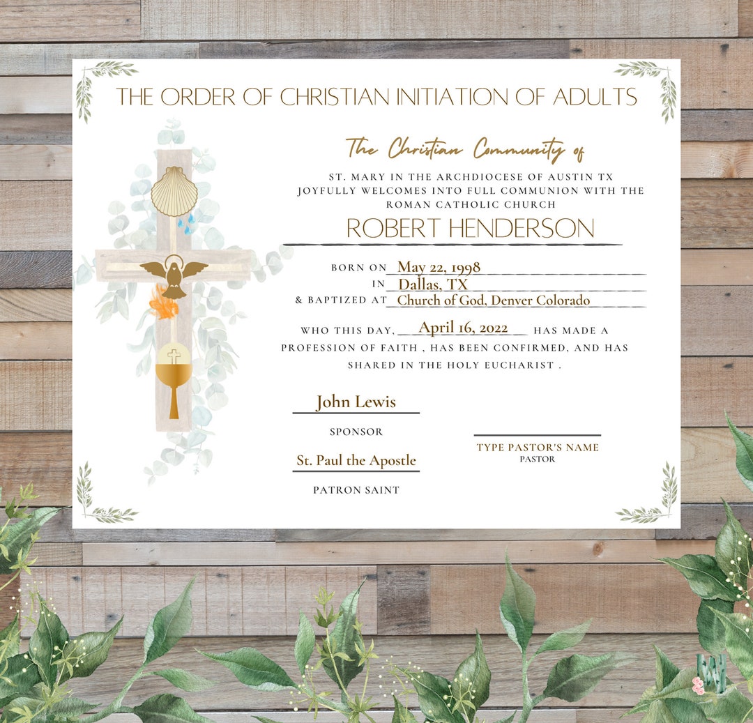 OCIA Certificate for Candidates Order of Christian Initiation of Adults ...