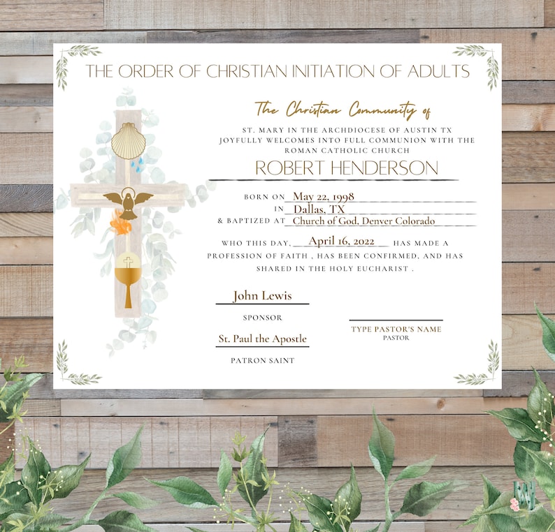 OCIA Certificate for Candidates Order of Christian Initiation of Adults ...