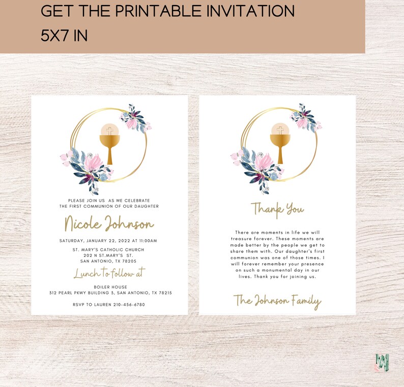 First Communion Seating Chart Template – Pink Floral, Gold Chalice ...