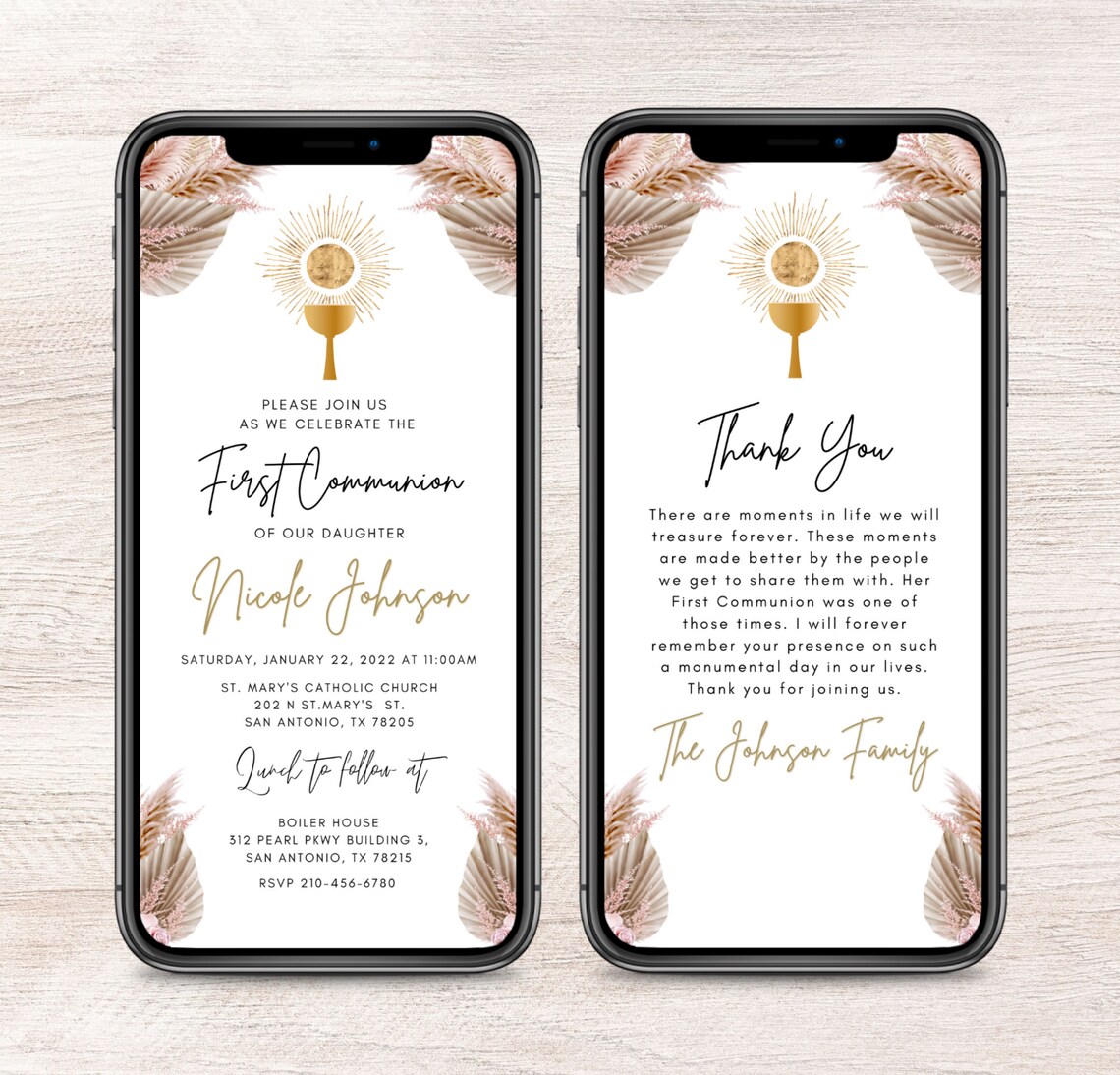 Pampas Grass First Communion Invitation Template: Bohemian Gold ...