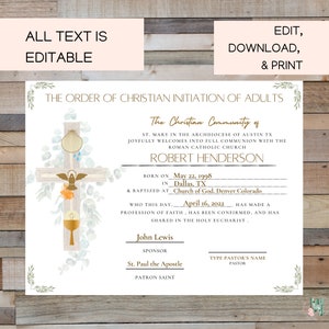 OCIA Certificate for Candidates Order of Christian Initiation of Adults ...