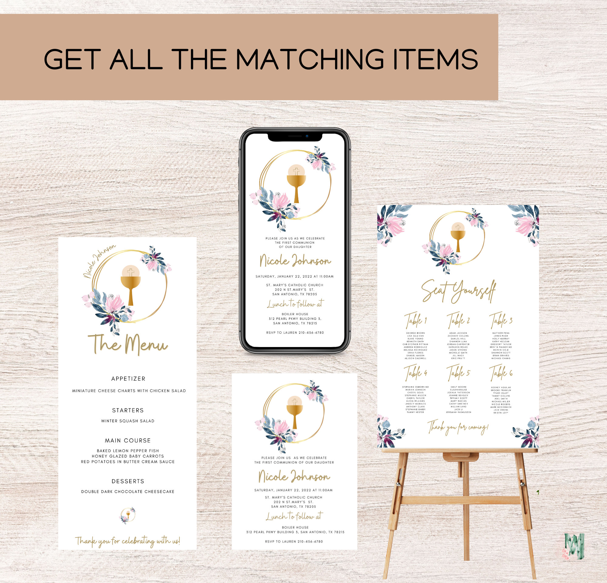 First Communion Seating Chart Template – Pink Floral, Gold Chalice ...