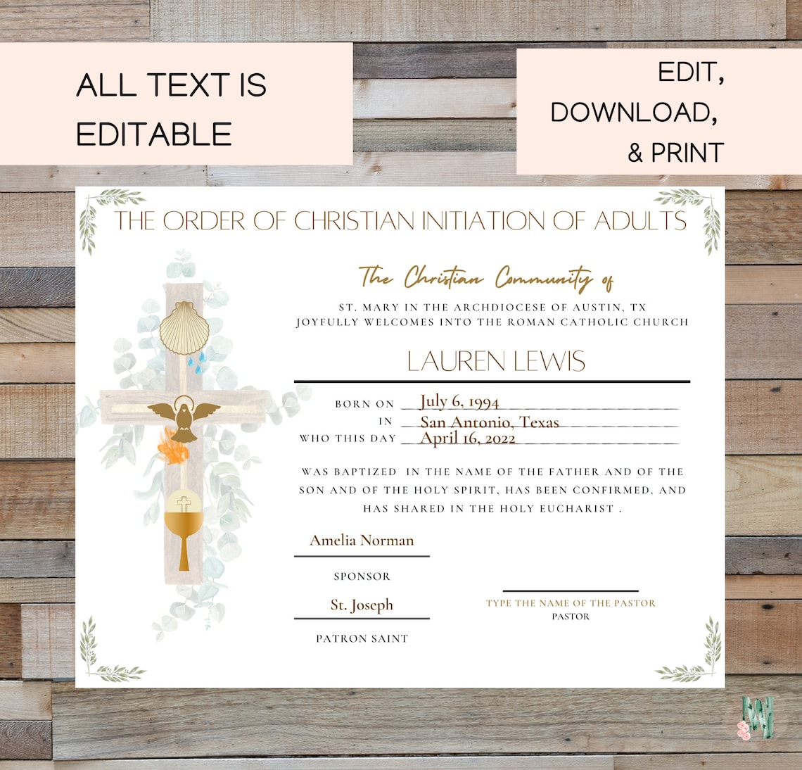 OCIA Certificate Template (editable PDF) • RCIA Catholic Catechumen ...