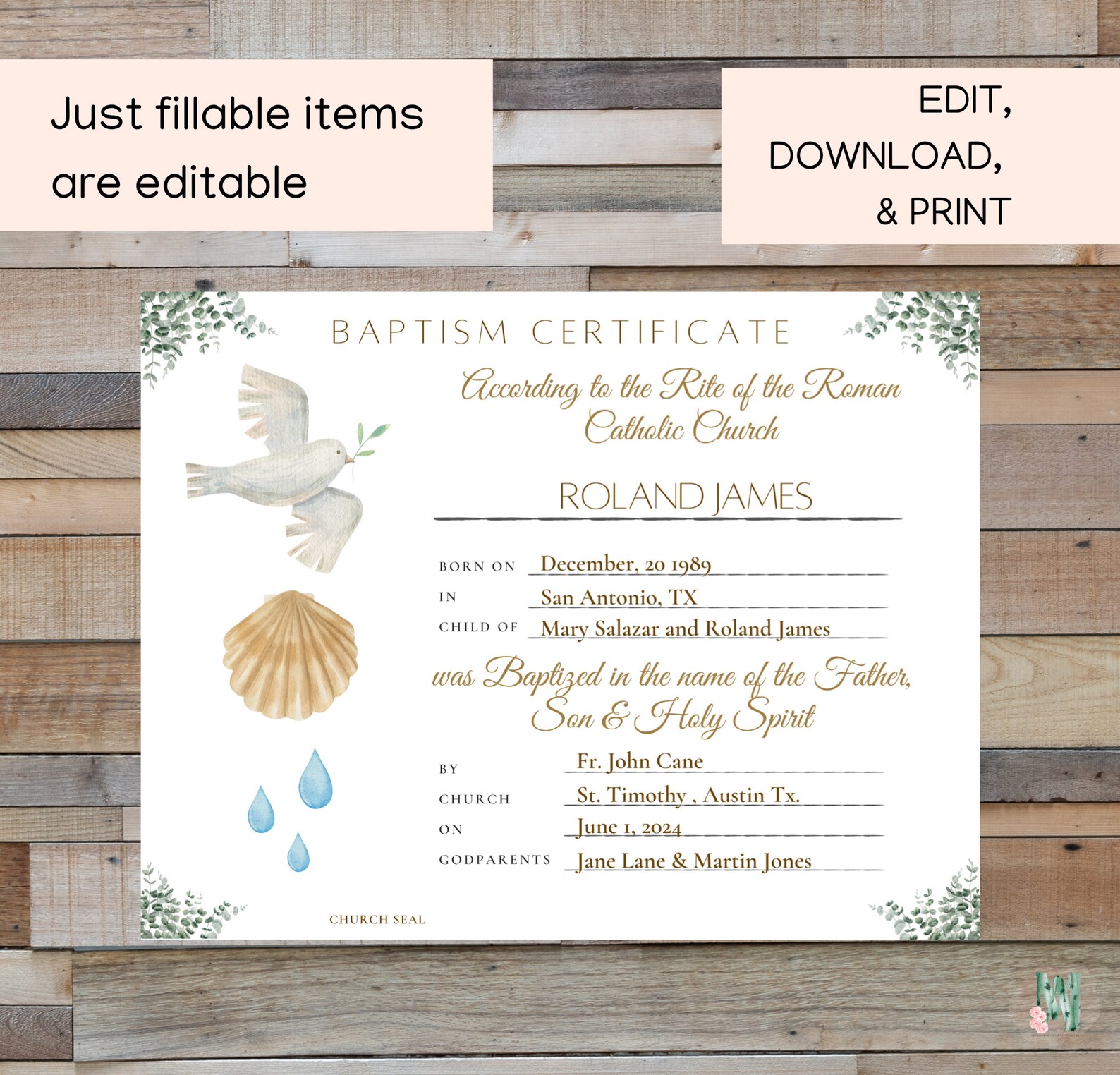 Catholic Baptism Certificate Template: Editable Canva Download - Etsy