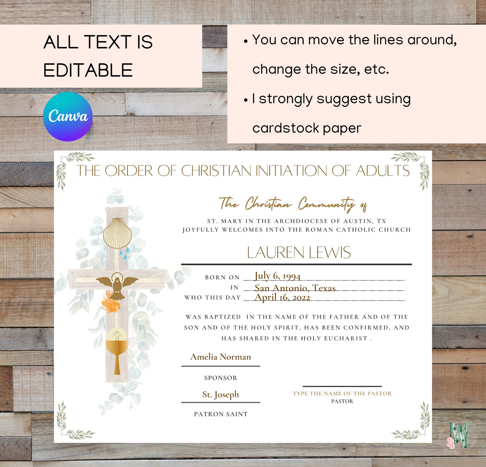 OCIA Certificate Template (editable PDF) • RCIA Catholic Catechumen ...