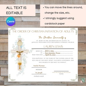 OCIA Certificate Template (editable PDF) • RCIA Catholic Catechumen ...