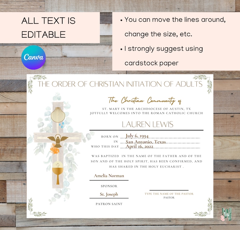 OCIA Certificate for Catechumens Order of Christian Initiation of ...