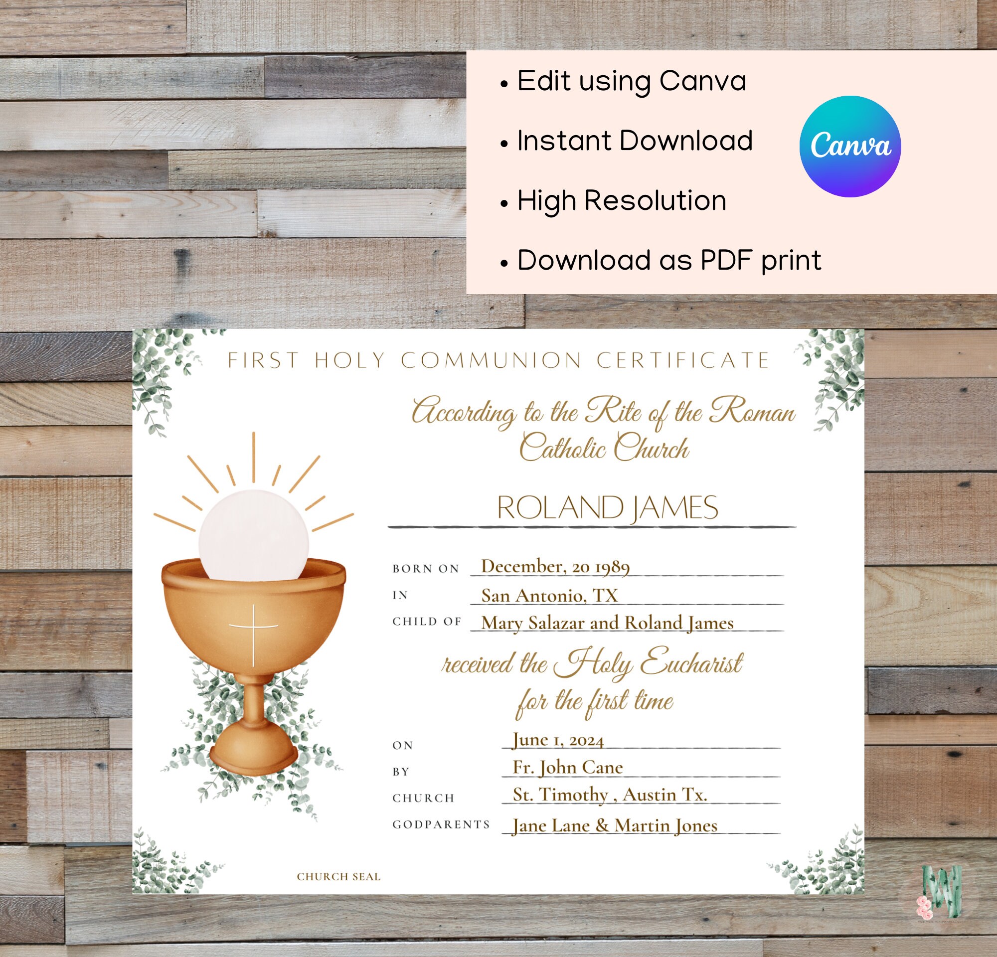 First Holy Communion Certificate: Catholic Church Keepsake (digital ...