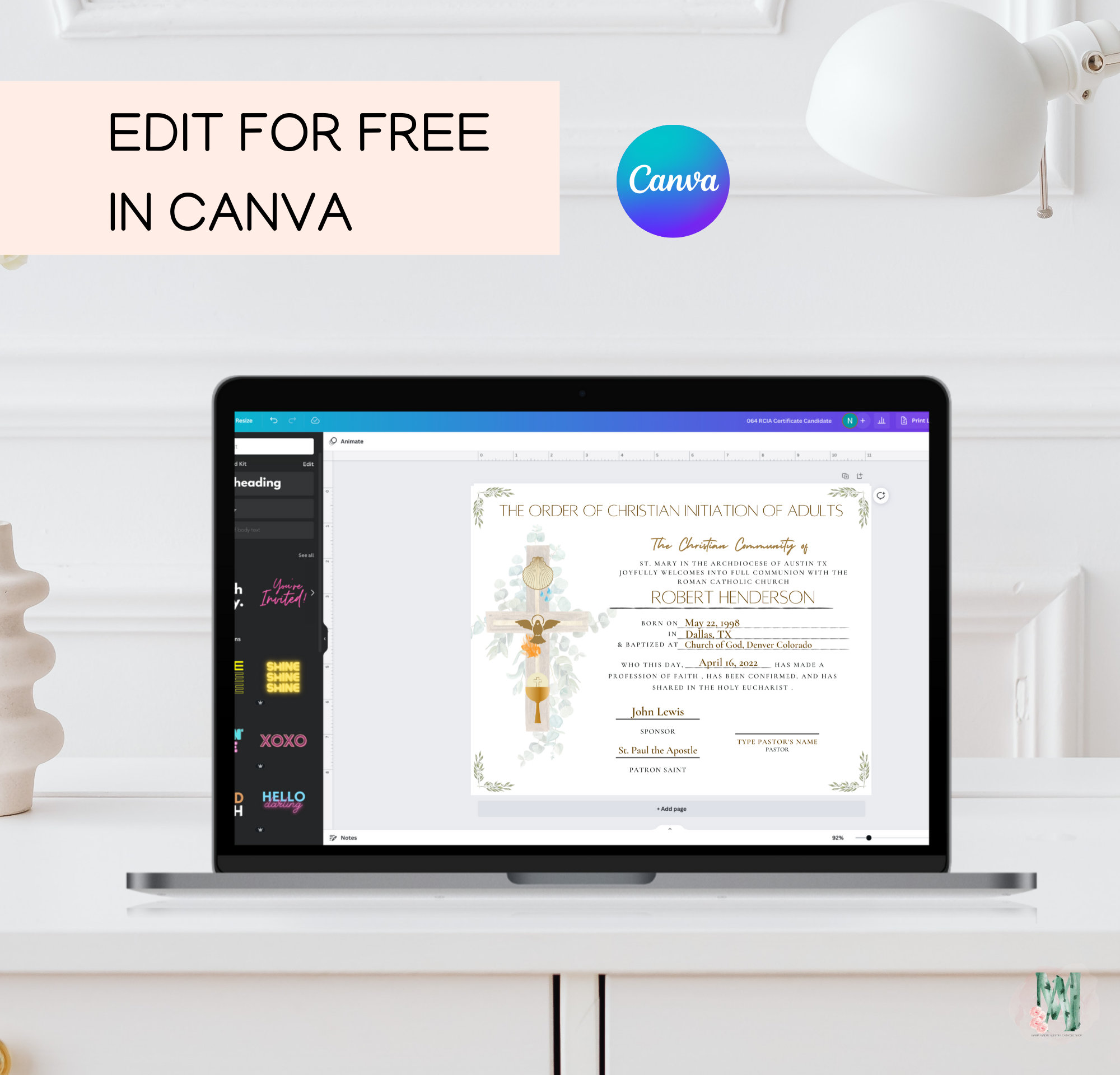 OCIA Certificate for Candidates Order of Christian Initiation of Adults ...