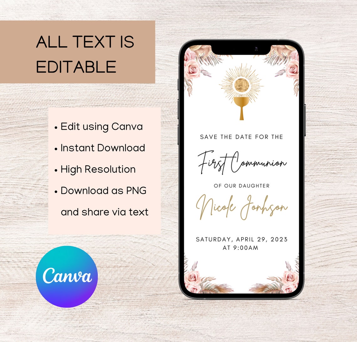 Pampas Grass First Communion Save the Date Template (digital Download ...